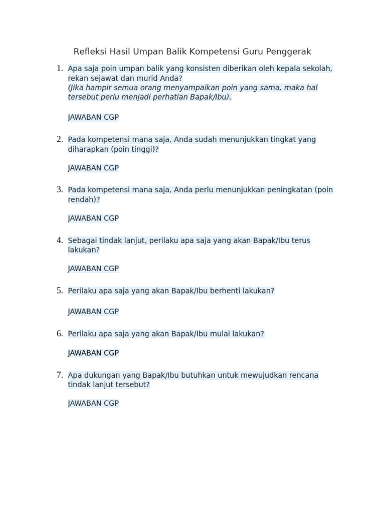 Refleksi Hasil Umpan Balik Kompetensi Guru Penggerak | PDF | Karier & Perkembangan ...