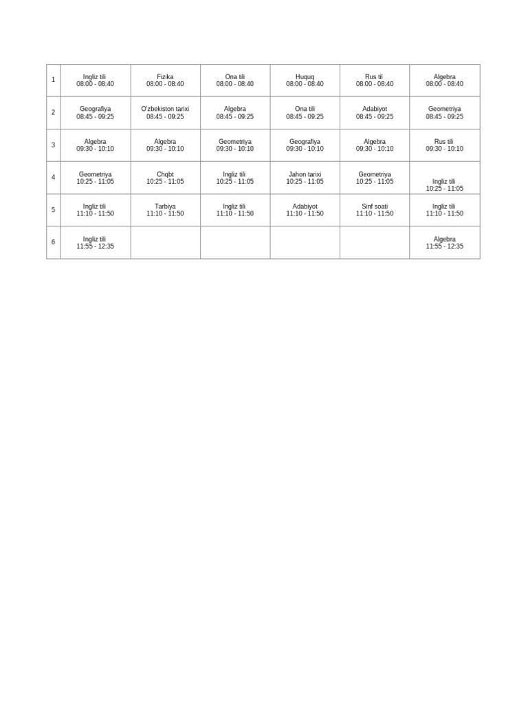 10 Sinf Dars Jadvali | PDF