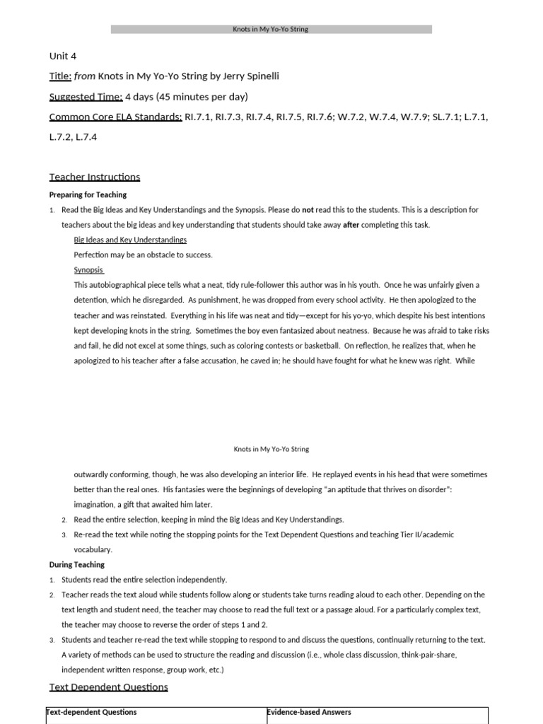 Knots in My Yo-Yo String. Lesson - Story | PDF | General Fiction