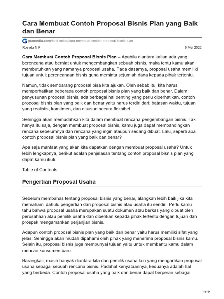 Contoh Proposal Bisnis Plan Efektif | PDF