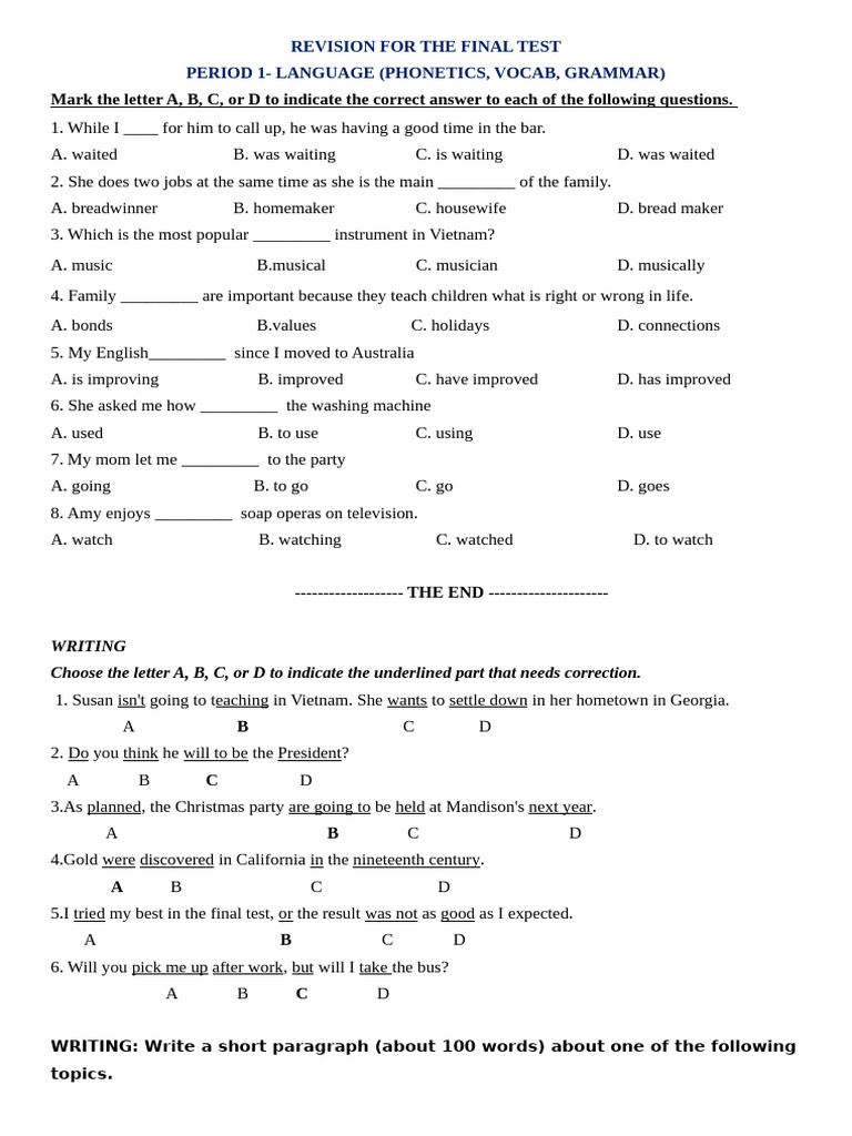 Final Test Revision: Language Skills | PDF