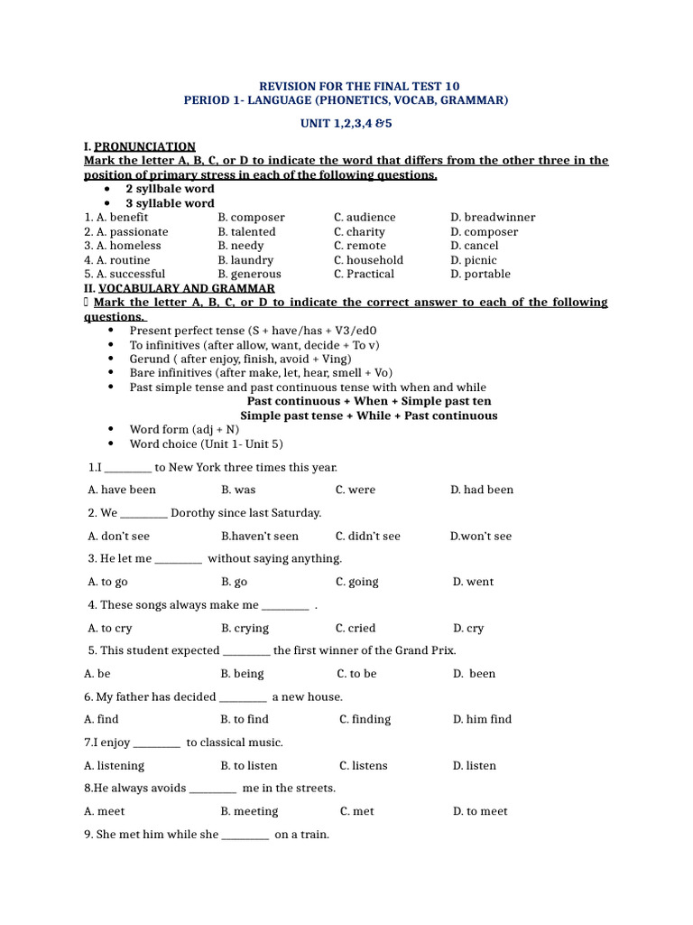 Language - Revision For The Final Test - Grade 10 | PDF | Human ...