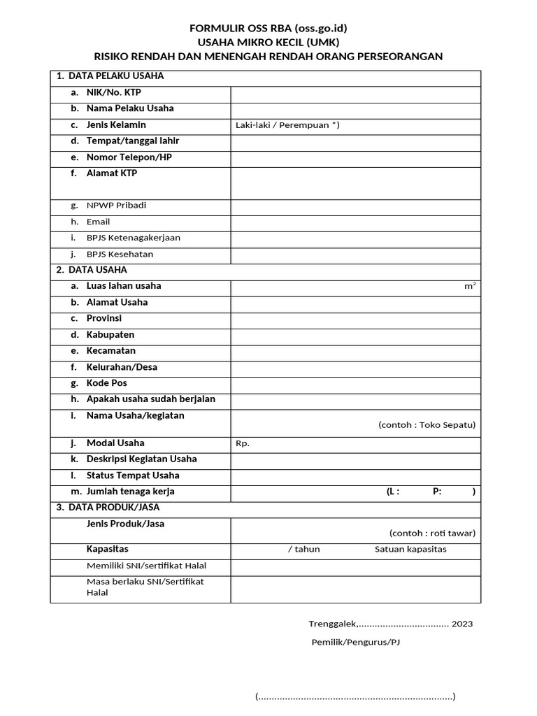 Formulir Oss Rba | PDF