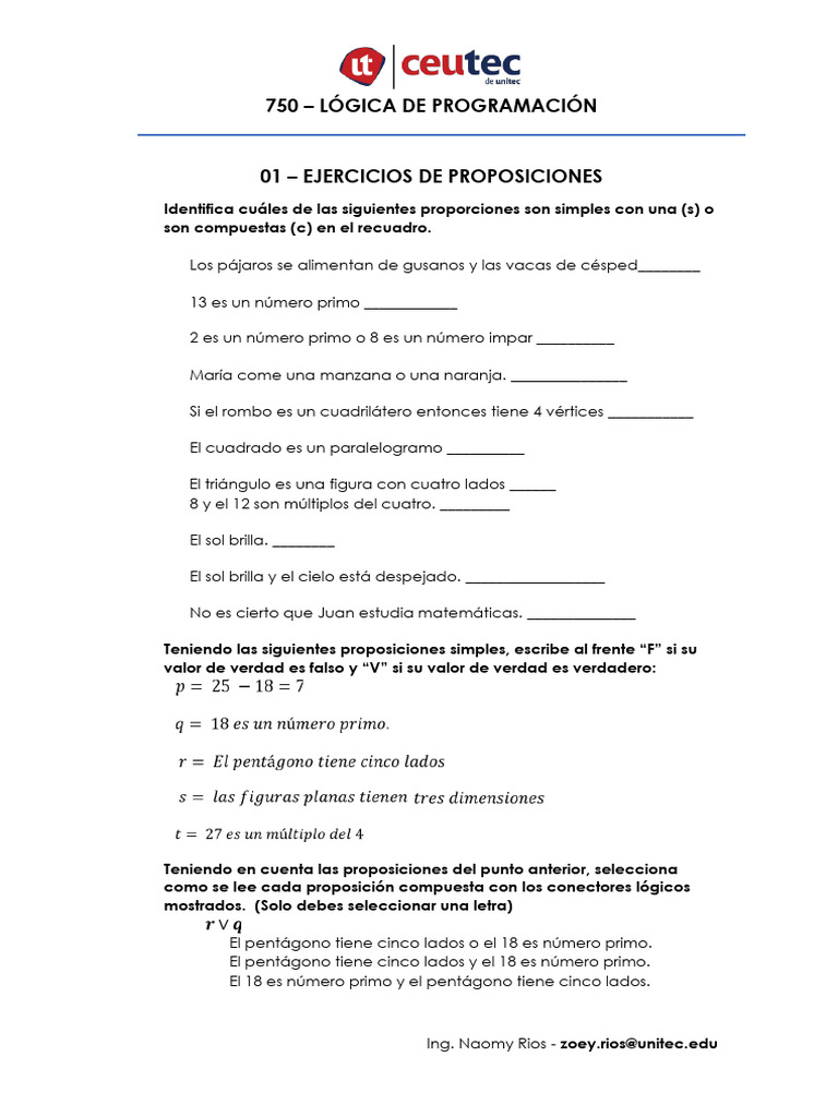 01 - Ejericios de Proposiciones | PDF | Proposición | Matemáticas