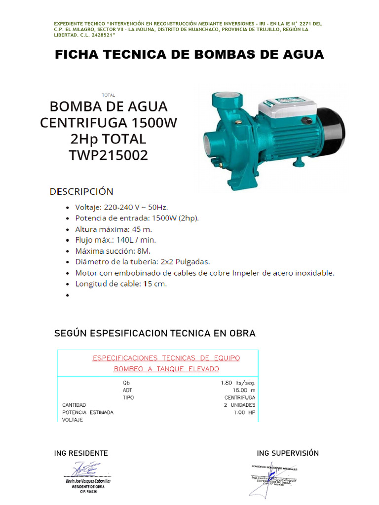 Ficha Técnica de Bombas de Agua IRI | PDF | Hogar, jardinería y bricolaje