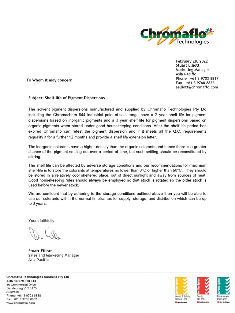 Chromaflo Shelf Life Letter AKZO 2022 | PDF