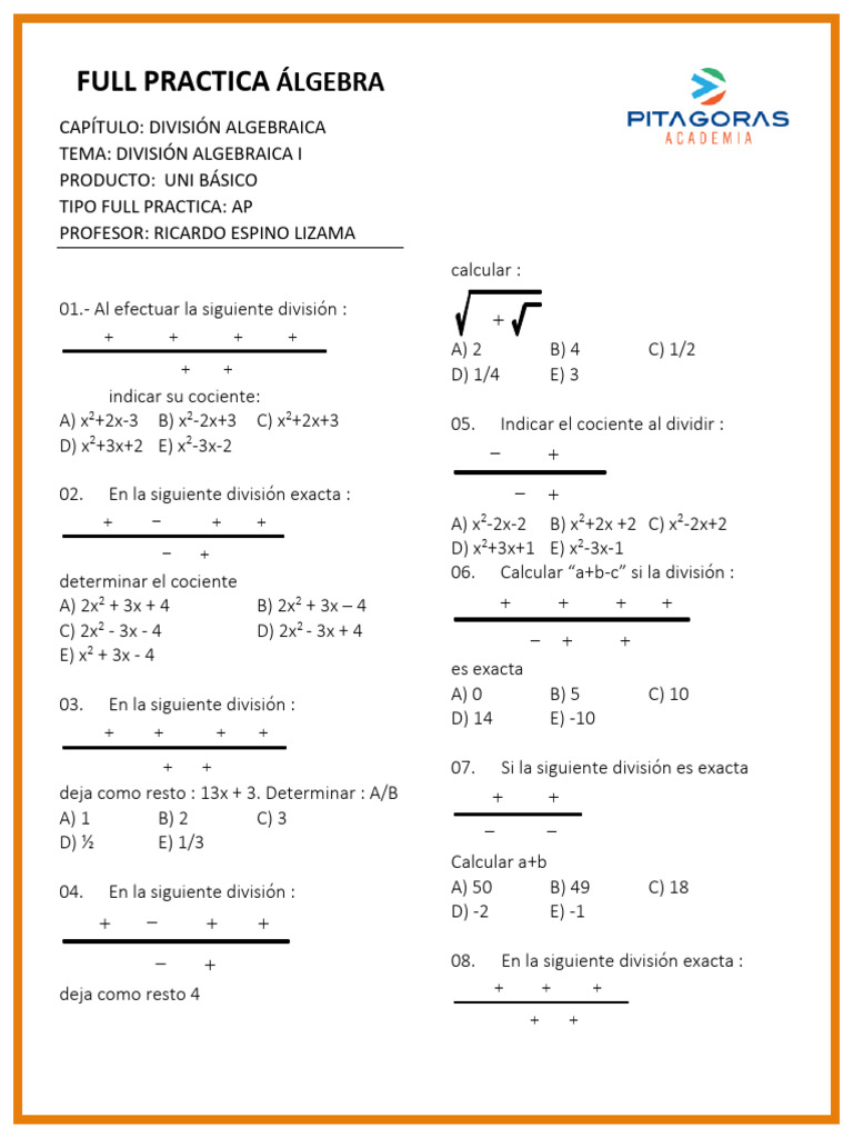 Uvma0301 Fp04 División Algebraica Prof Ricardo Espino | PDF ...