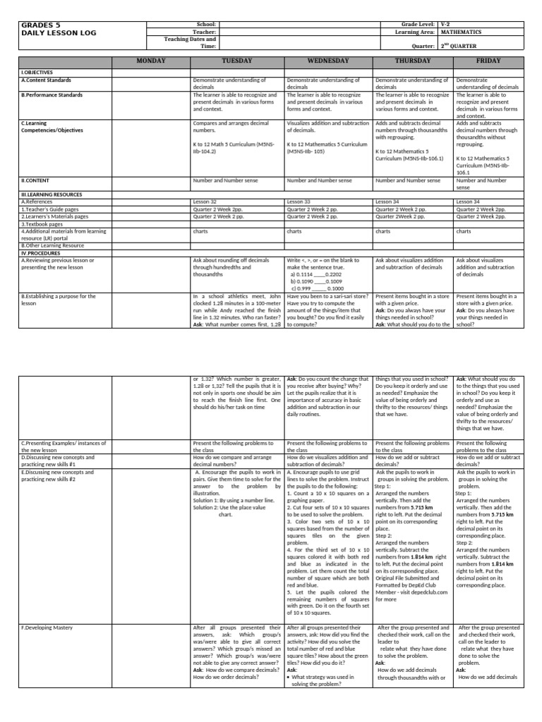 DLL_MATHEMATICS 5_Q2_W2 | PDF | Numbers | Curriculum