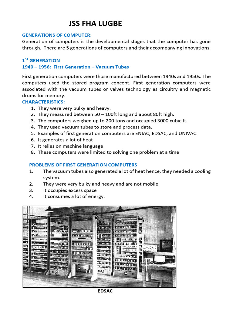Jss i Ict Note Week 4 Generations of Computer (1st Generation) | PDF