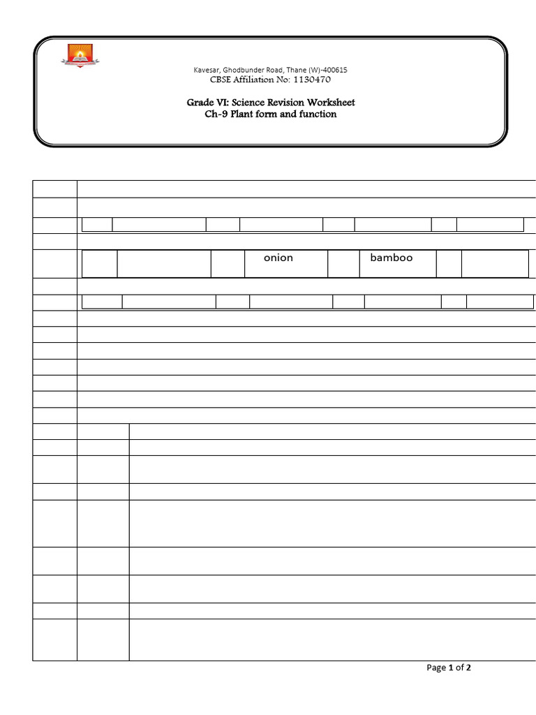 Class 6 Plant Form and Function Worksheet | PDF | Flowers | Leaf