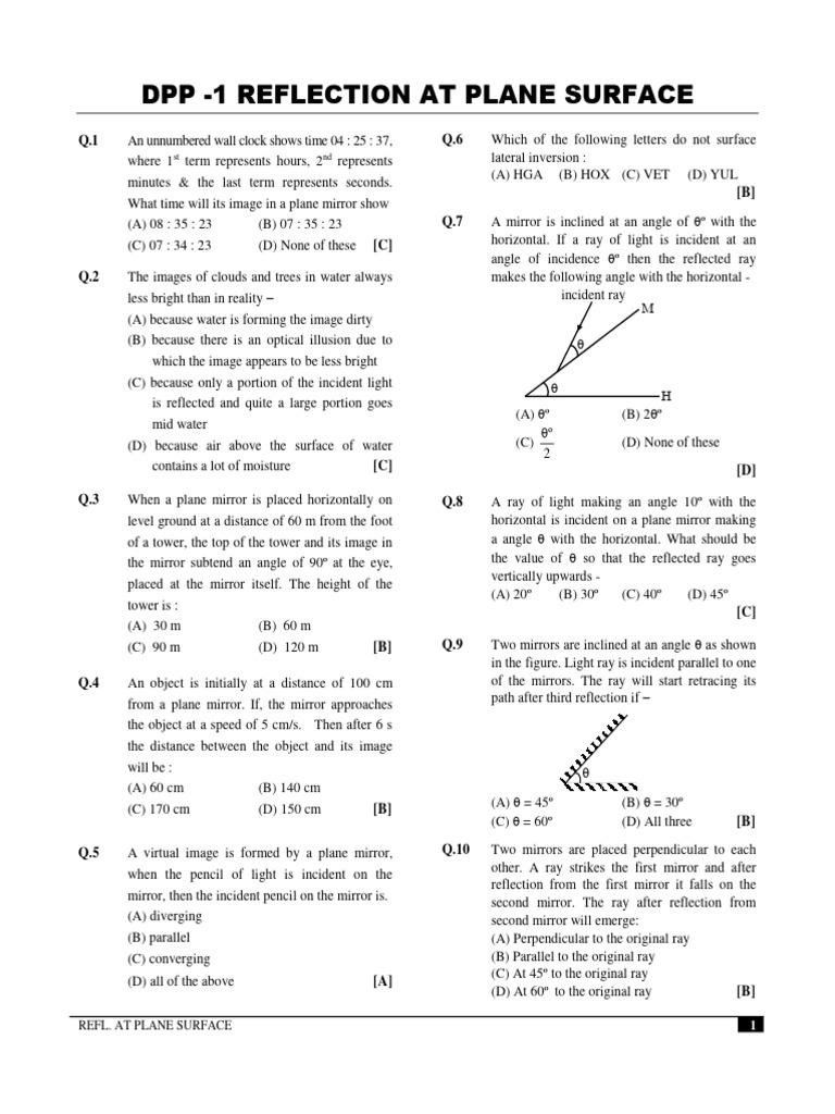 0253d2a79c745-DPP-1 Ray Optics | PDF | Mirror | Reflection (Physics)