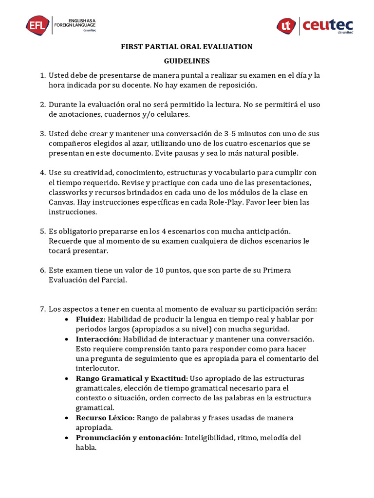 First Partial Oral Evaluation English Iii | PDF | Lingüística