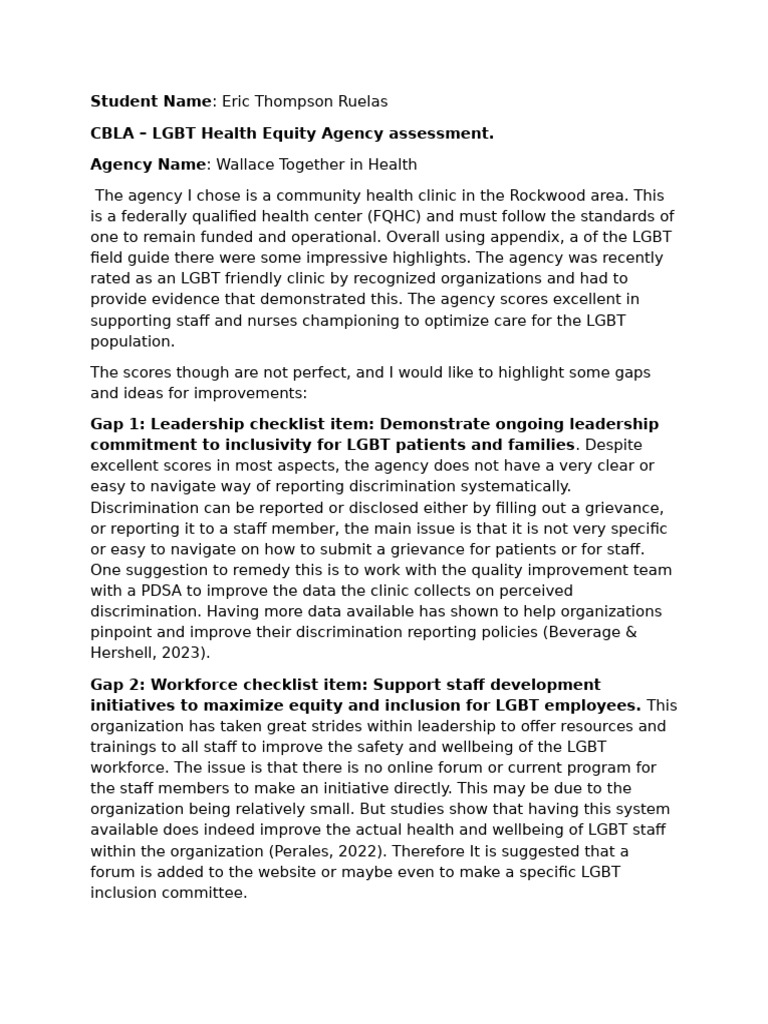 Thompson Ruelas E 426 CBLA 1 2b Agency Assessment | PDF | Lgbt | LGBTQIA+ Studies