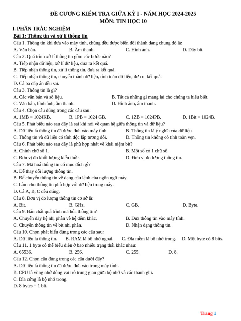 Đề Cương Giữa Hk1 Tin 10 | PDF