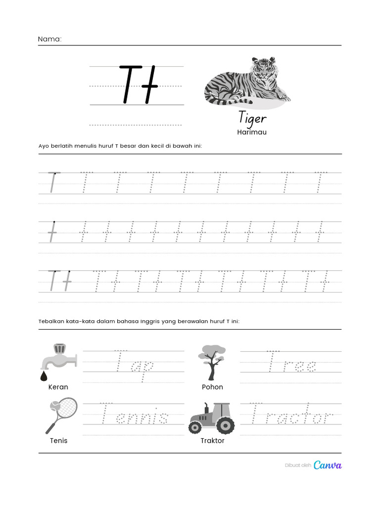 Lembar Kerja Abjad Huruf T Asli Dan Nuansa Bumi Hitam Putih | PDF