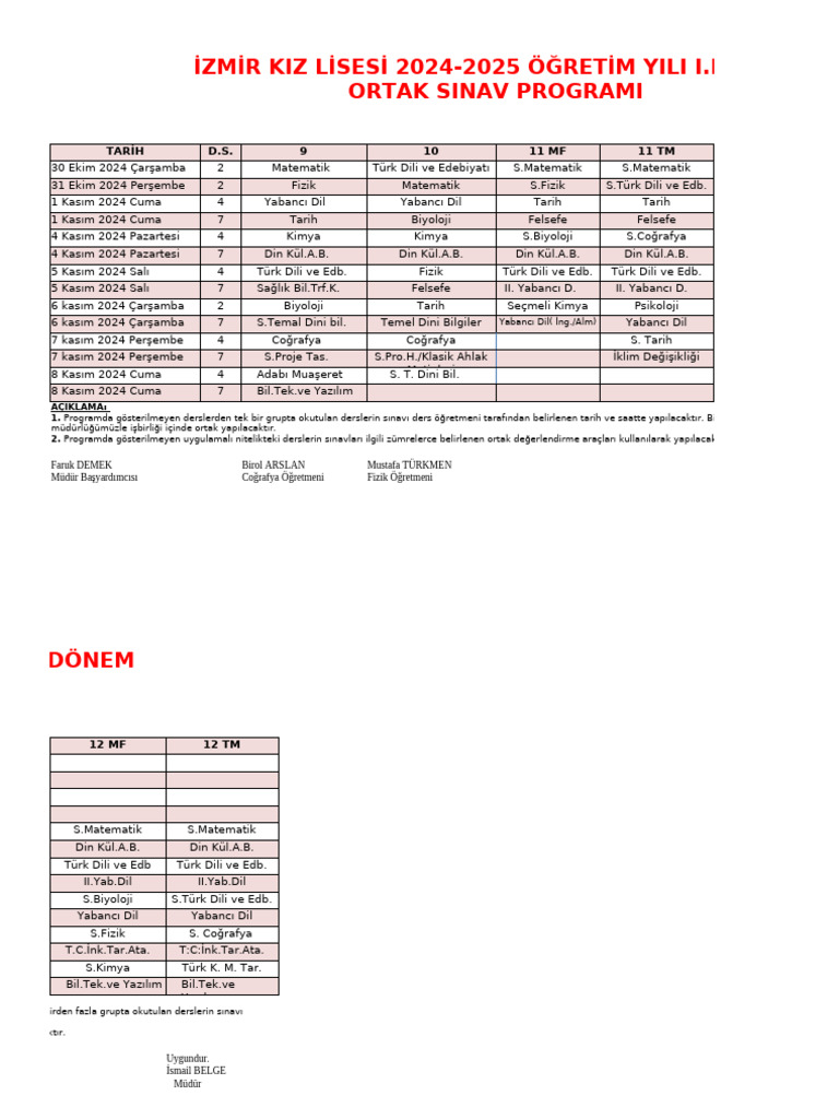 1.dönem Ortak Sinav Programi | PDF