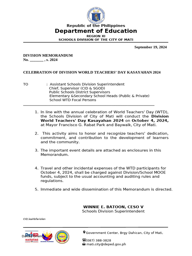 Div - WTD Kasayahan Oct 42024 Memo | PDF