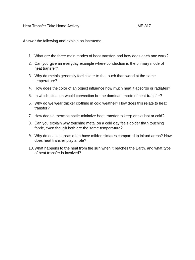 Heat Transfer Take Home Activity ME 317 | PDF | Language Arts ...