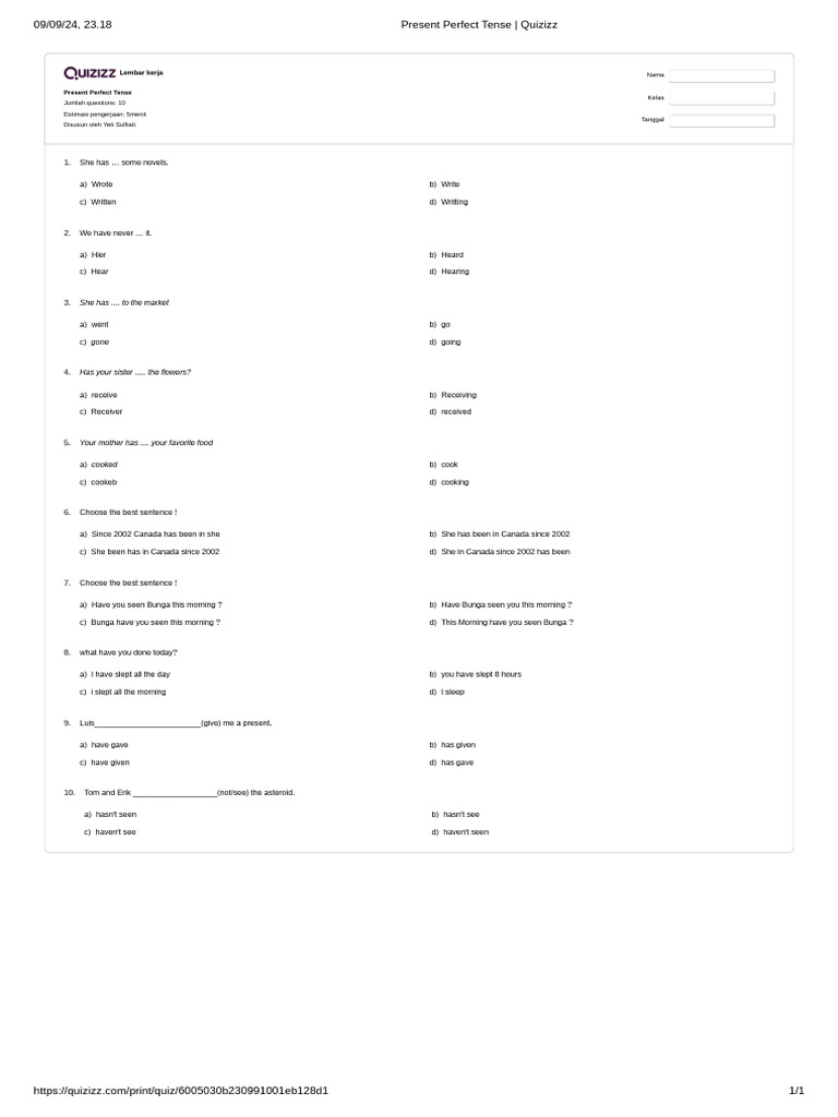 Present Perfect Tense Test 1 - Quizizz | PDF | Linguistics | Grammar