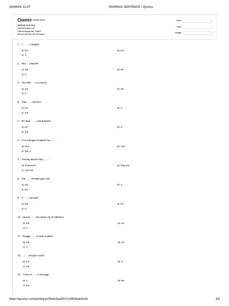 Nominal Sentence Worksheet | PDF