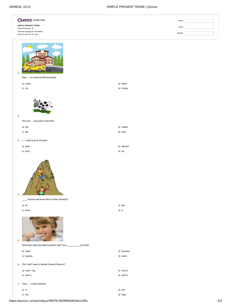 Simple Present Tense Quiz for Students | PDF | Semantic Units | Linguistics