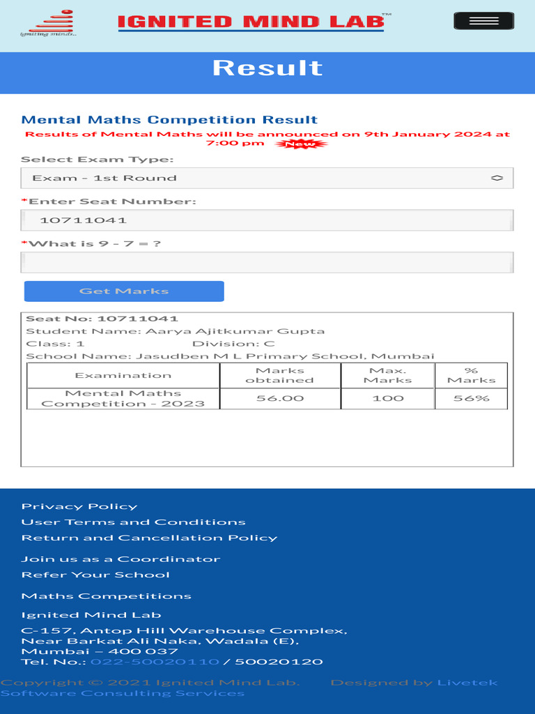 Mental Maths Competition Results 2024 | PDF