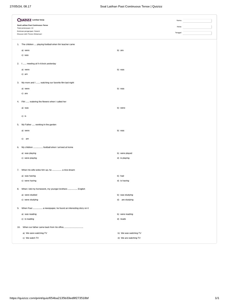 Past Continuous Tense Quiz | PDF