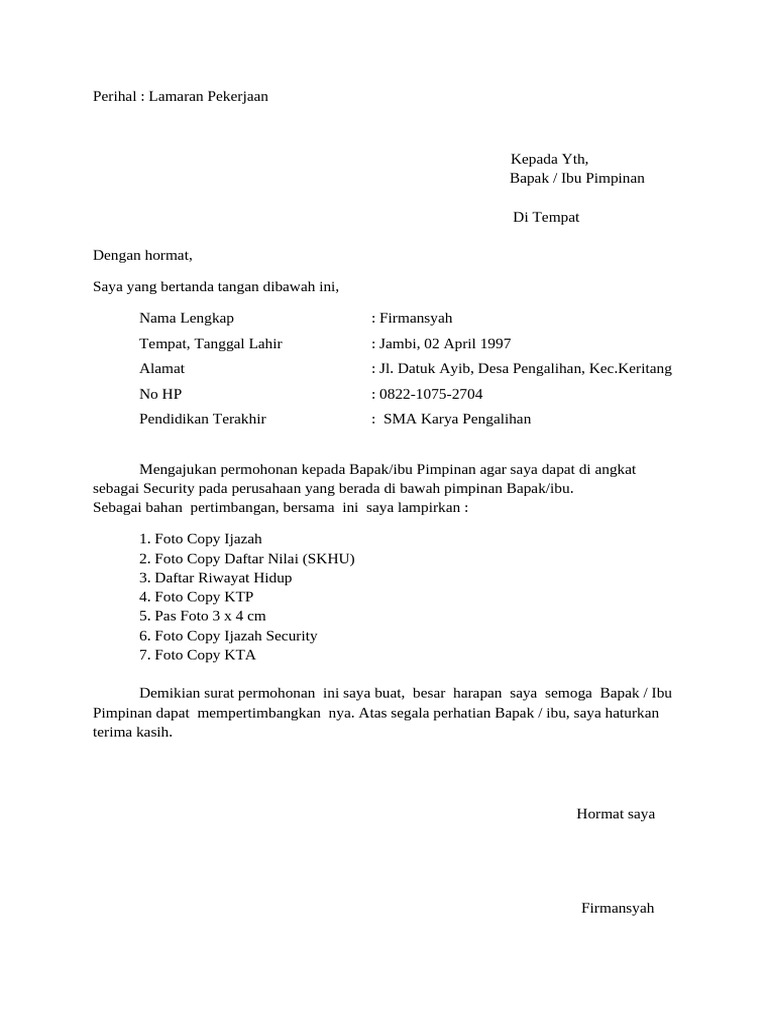 Lamaran Kerja Security | PDF | Karier & Perkembangan