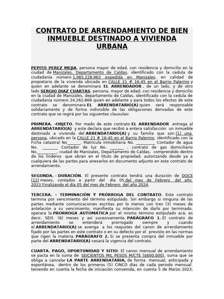 Contrato de Arrendamiento de Bien Inmueble Destinado A Vivienda Urbana 2023 | PDF | Pagos | Ley ...