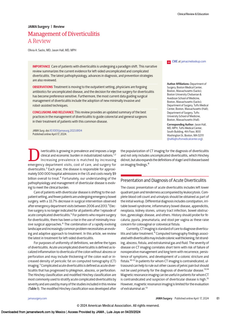 ManagementofDiverticulitis JAMA 2024 | PDF | Surgery | Medical Specialties