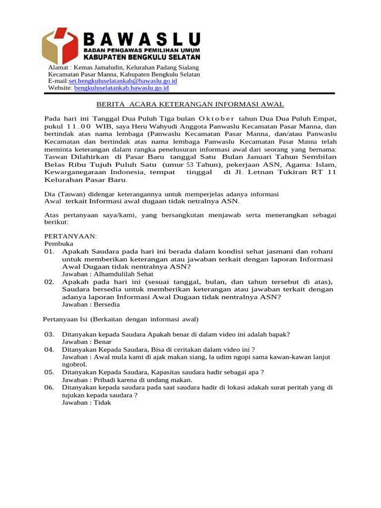Berita Acara Pertanyaan Informasi Awal | PDF