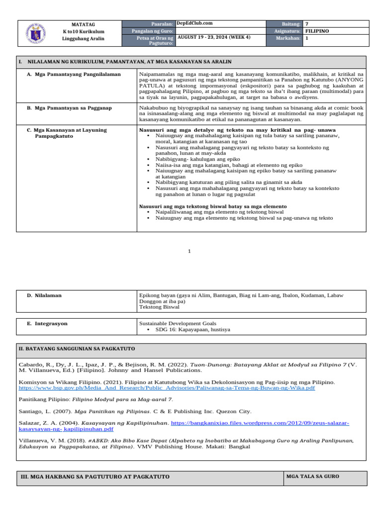 DLL Matatag - Filipino 7 Q1 W4 | PDF