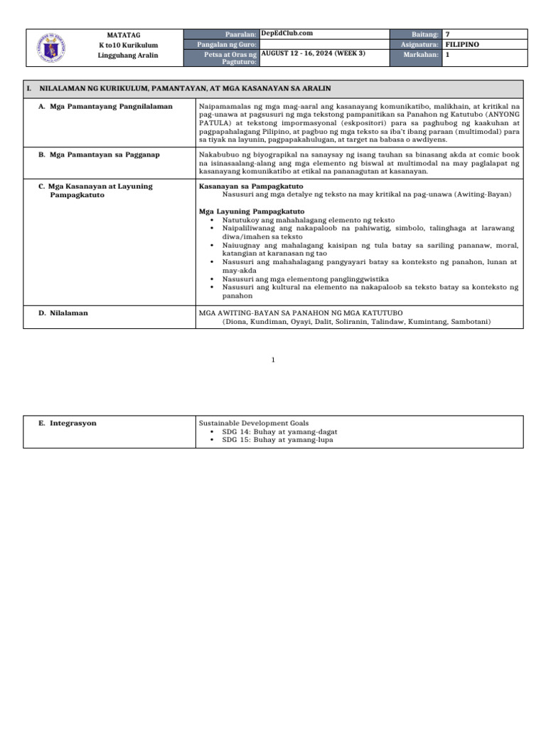 DLL Matatag - Filipino 7 Q1 W3 | PDF