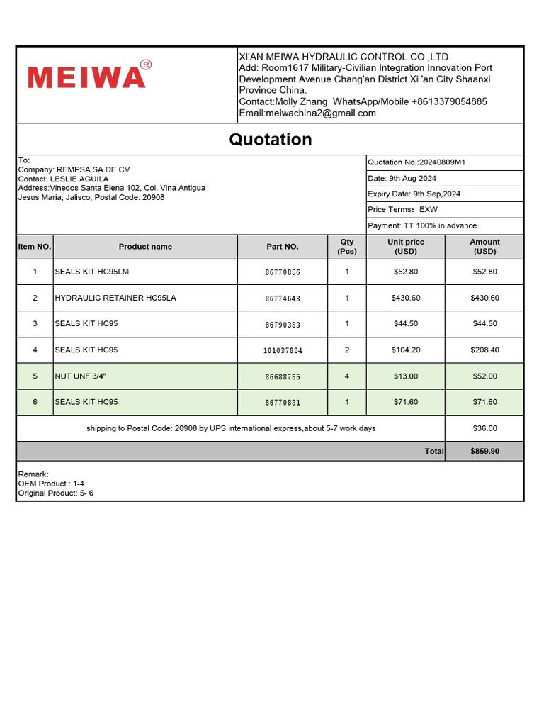Quotation for Hydraulic Parts Supply | PDF