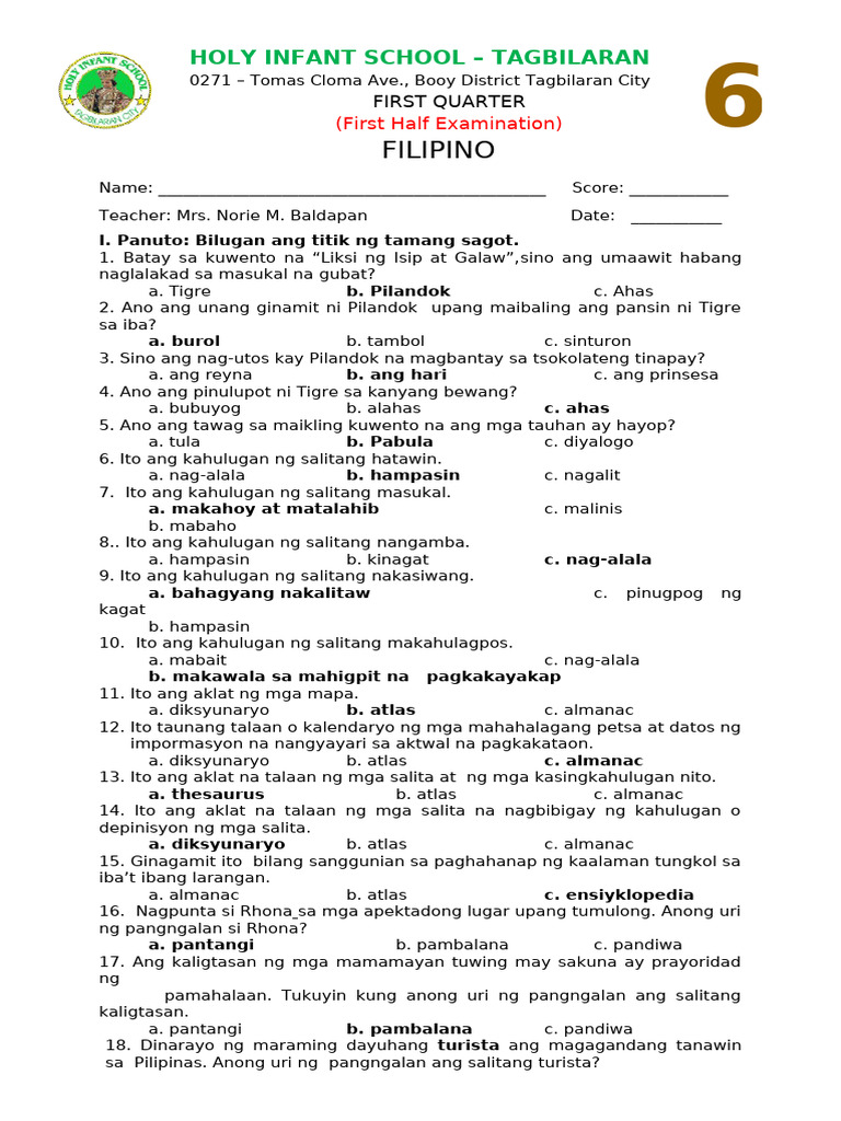 Exam - Filipino 6 August) | PDF