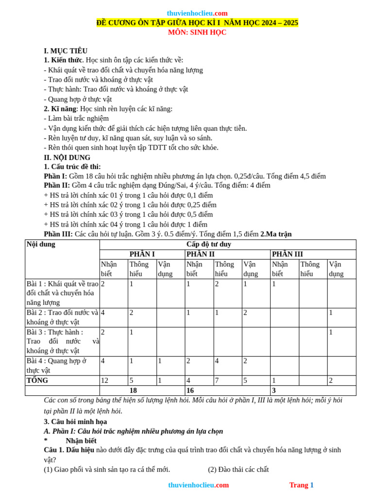 De Cuong Sinh 11 KNTT Nam Hoc 24 25 | PDF