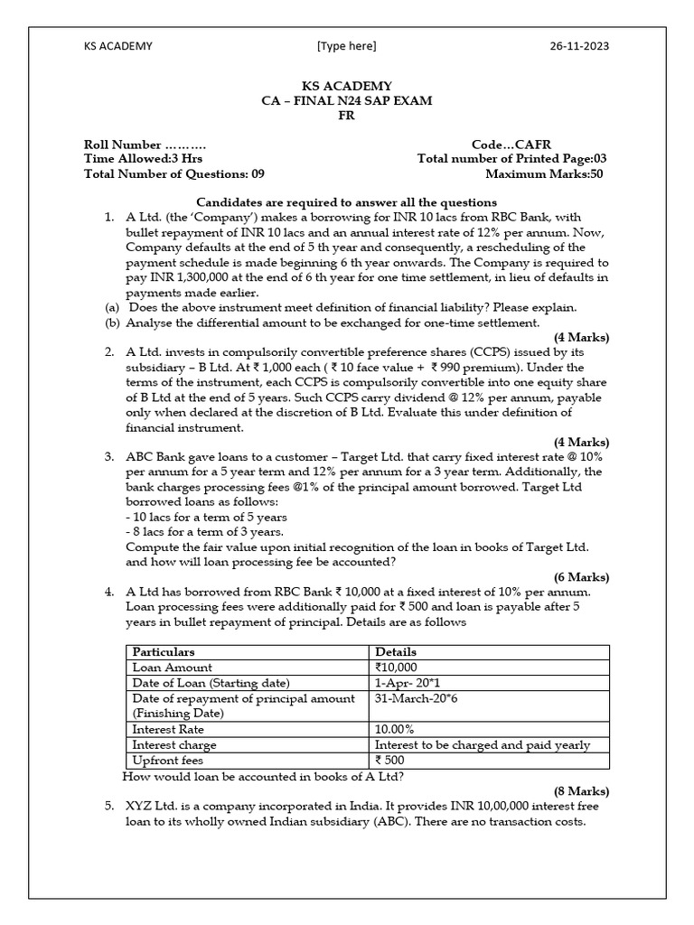 Ca Final N24 FR Sap-16 QP (26-11-2023) | PDF | Preferred Stock | Interest