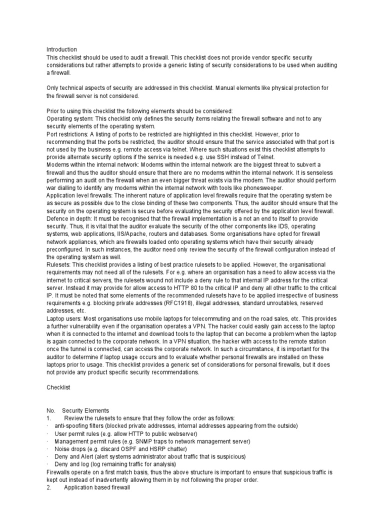 Firewall Checklist - Sample | Download Free PDF | Firewall (Computing ...