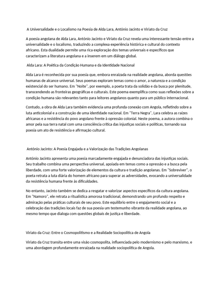 A Universalidade e o Localismo Na Poesia de Alda Lara, António Jacinto ...