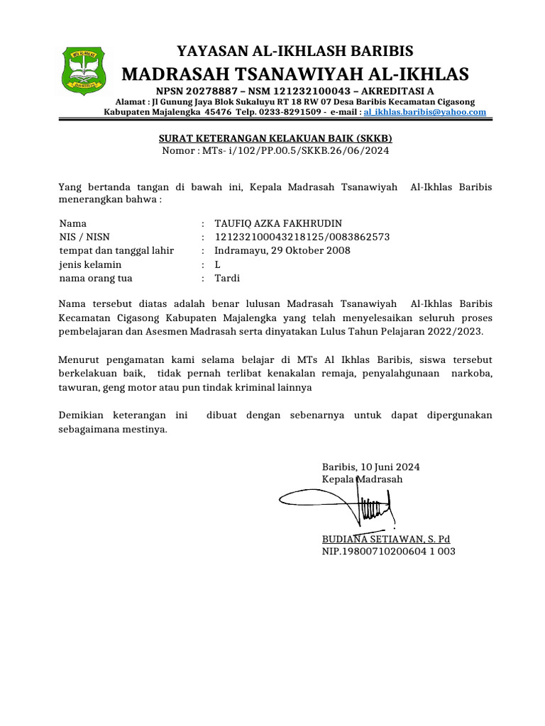 Surat Ket. Kelakuan Baik (SKKB) 2023 | PDF