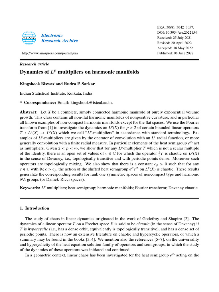 Dynamics of Lp Multipliers on Harmonic Manifolds | PDF | Convolution ...
