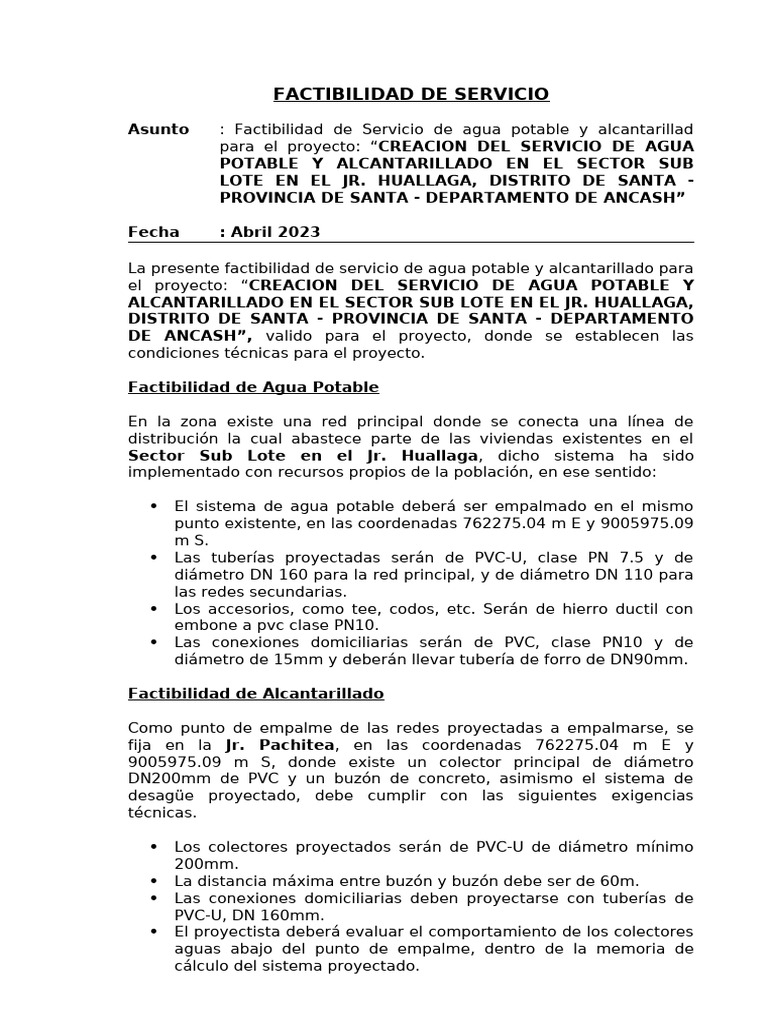 FACTIBILIDAD DE SERVICIO VILLA | PDF | Alcantarillado | Suministro de agua