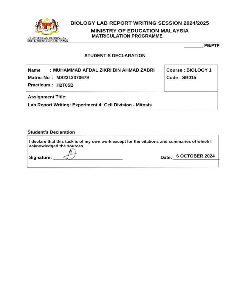 Borang - PTP Lab Report Writing Sem 1 - 24 - 25 PDF | PDF