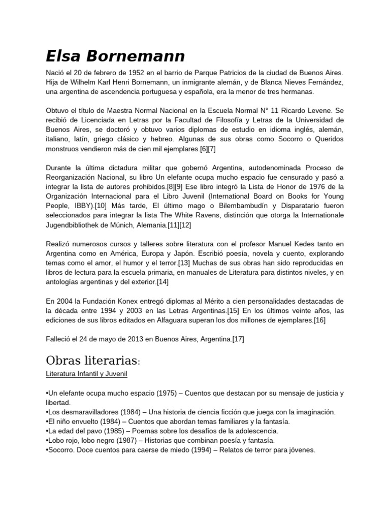 Biografía y obras de Elsa Bornemann | PDF