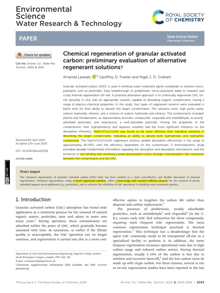 Chemical Regeneration of Granular AC | PDF | Adsorption | High ...