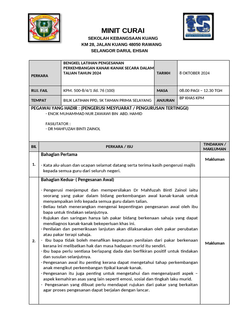 Minit Curai Latihan Pengesanan Perkembangan Awal Kanak-Kanak Dalam Talian Ppki SKK 2024 | PDF