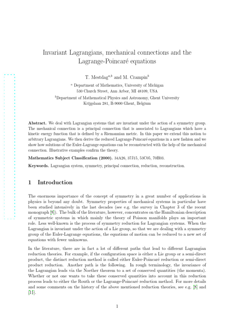 Invariant Lagrangians, mechanical connections and the | PDF | Lagrangian Mechanics | Vector Space