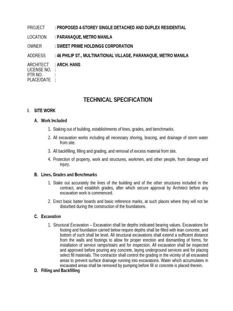 Architectural Specifications for Residential Project | PDF | Concrete ...