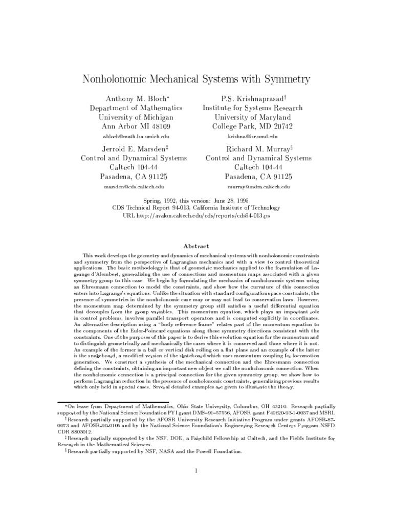 Nonholonomic Mechanical Systems With Symmetry | PDF