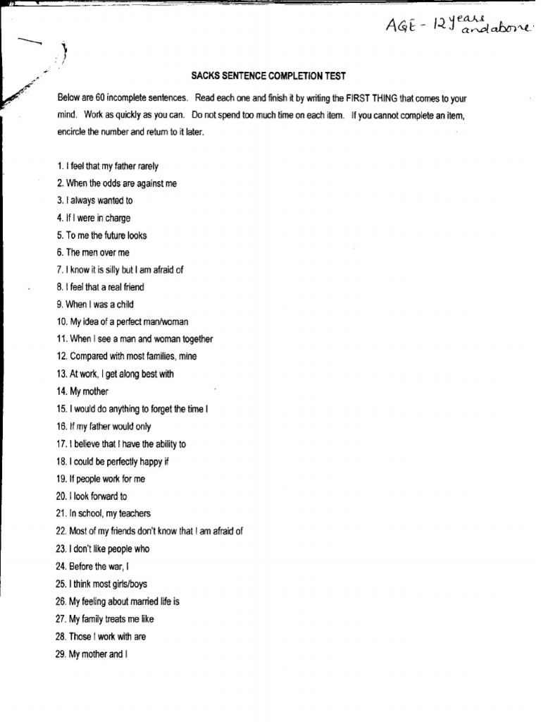 Sacks Sentence Completion Test Manual | PDF